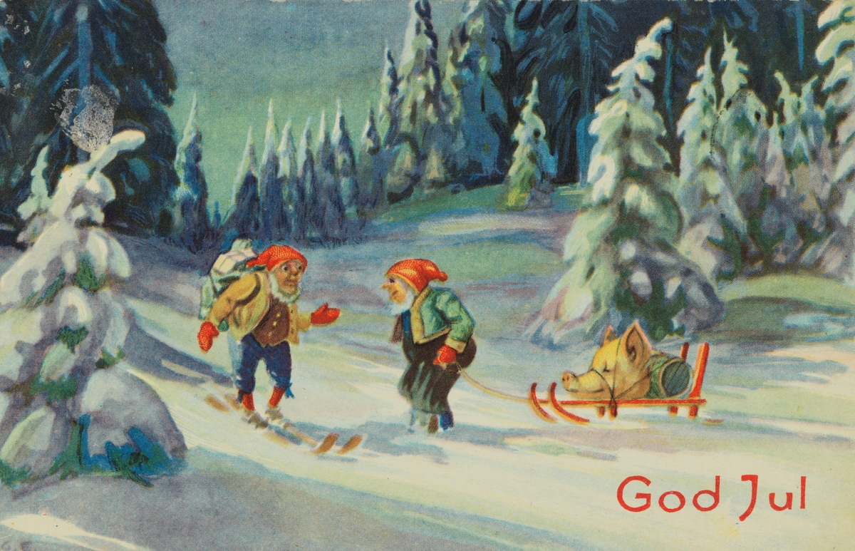 Julekort. Jule- og nyttårshilsen. To nisser i vinterlandskap. En på ski ...